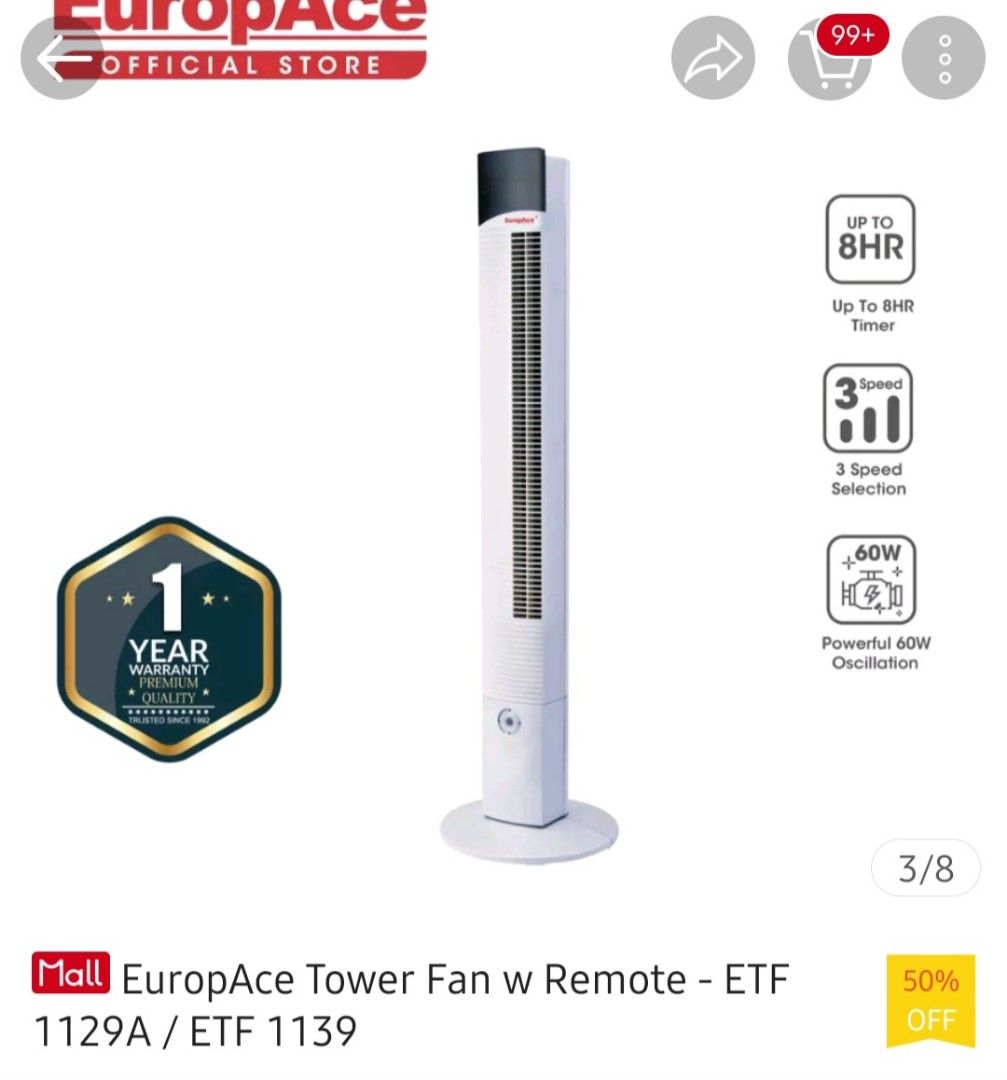 EuropAce Tower Fan with remote, Furniture & Home Living, Lighting ...