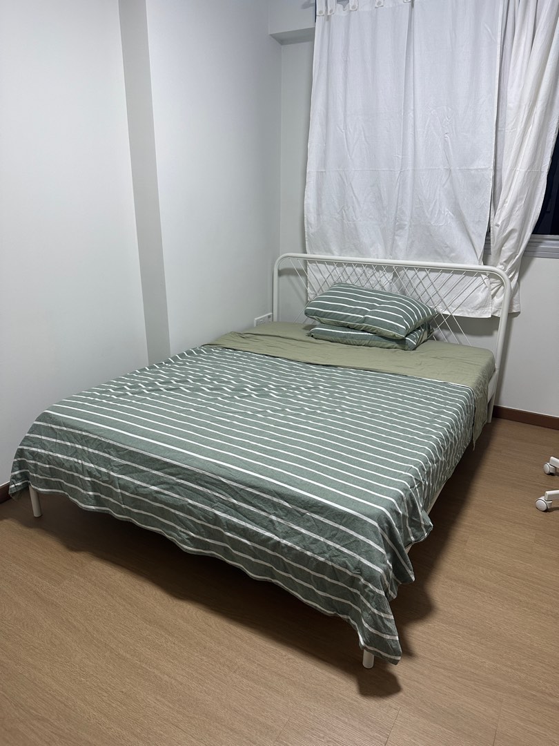 Ikea Nesttun Queen Bedframe + Mattress | Ikea Nissedal Mirror | Ikea Lack Wall Shelf, Furniture ...