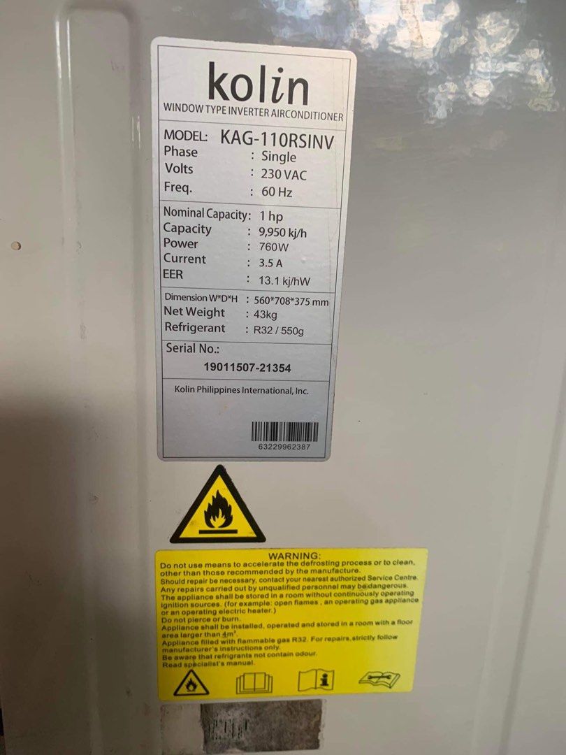 Kolin Inverter Aircon Window Type 1HP, TV & Home Appliances, Air ...