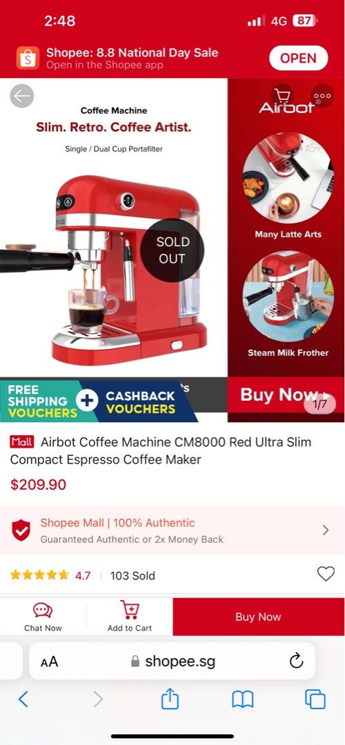 Norvia coffee machine CM8000 red ultra slim compact expresso coffee ...