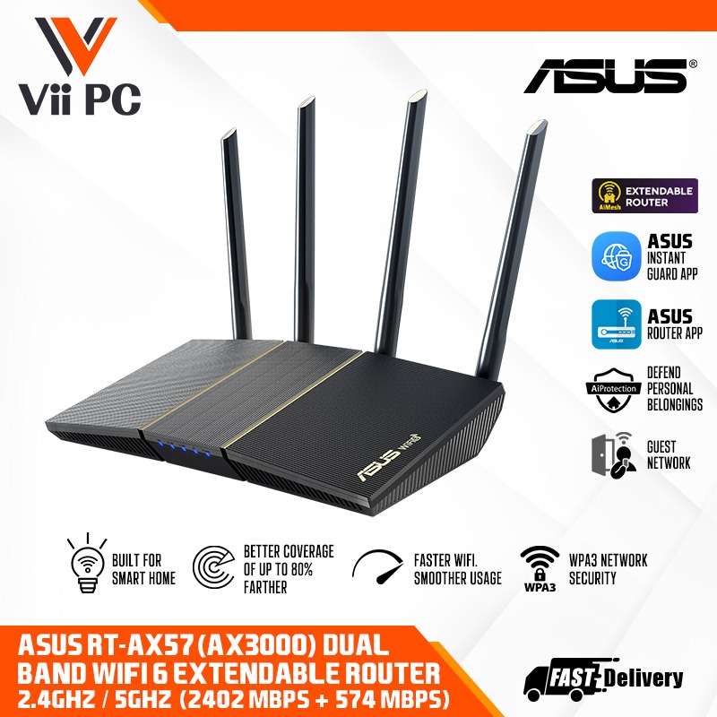 ASUS RT-AX57 (AX3000) Dual Band WiFi 6 Extendable Router, Subscription ...
