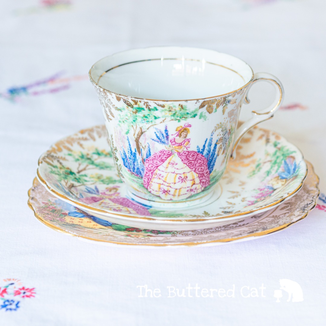 Vintage English bone china tea trio, mismatched, crinoline lady in pink ...