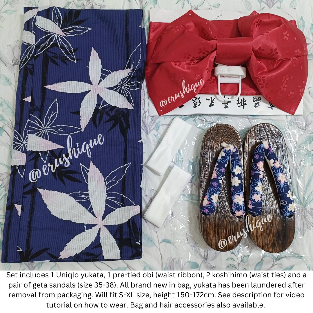 Yukata 4 Piece Set (Blue/Red) with Geta Uniqlo Japanese Traditional ...