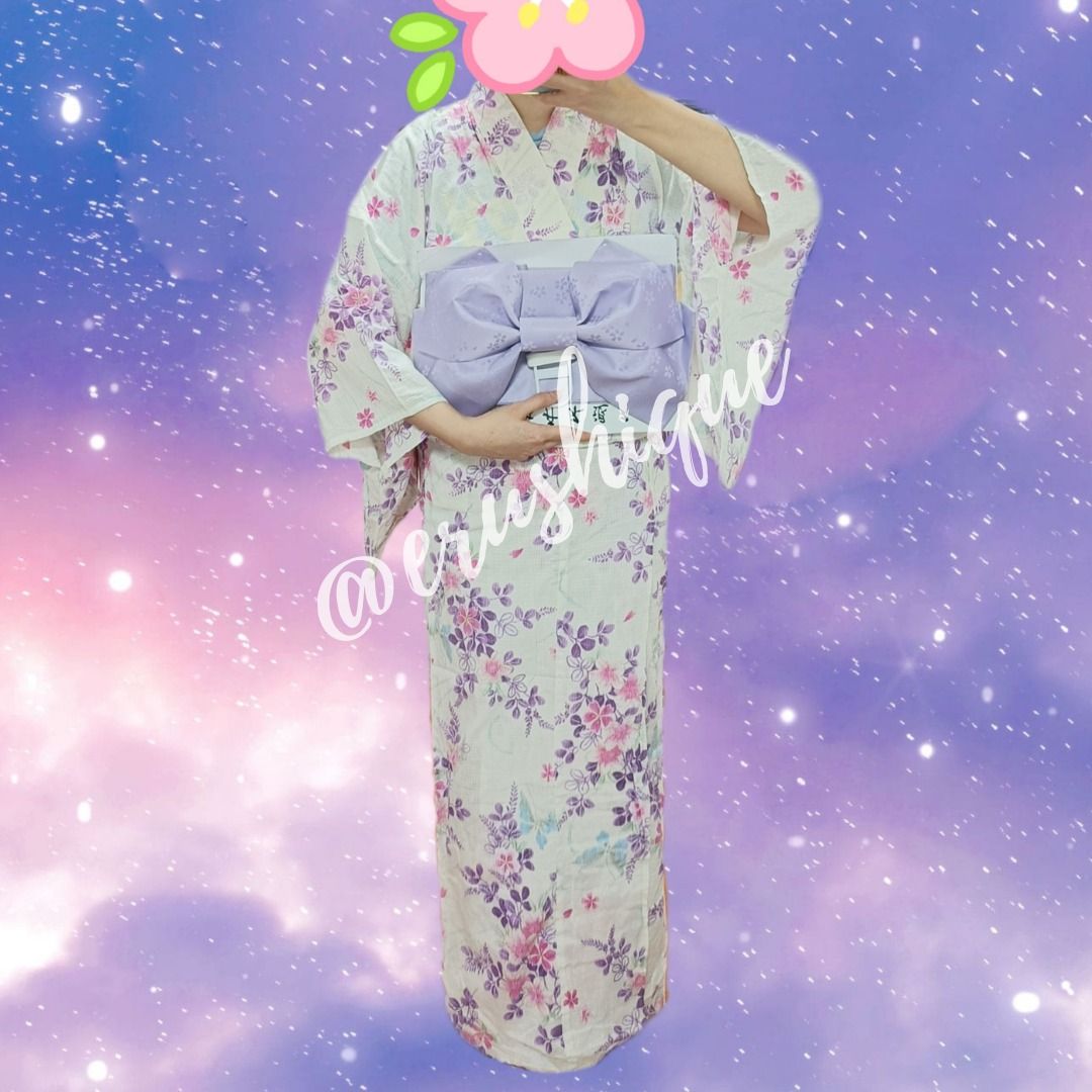 Yukata Full Set (Cream/Purple) Japanese Traditional Clothing Costume ...