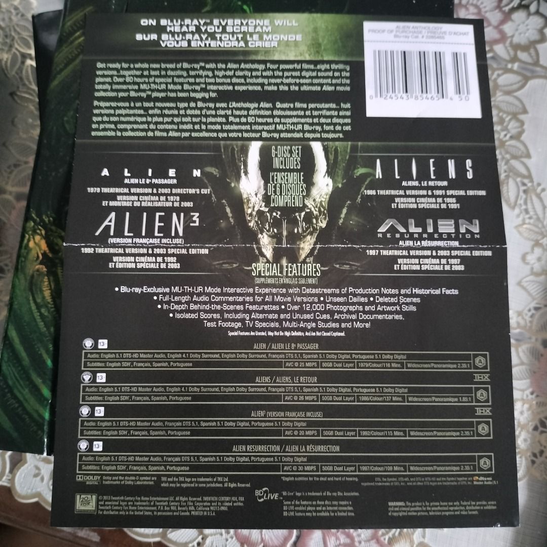 Alien Anthology Blu Ray 6 Disc Boxset USA (Alien/ Aliens/ Alien3/ Alien ...