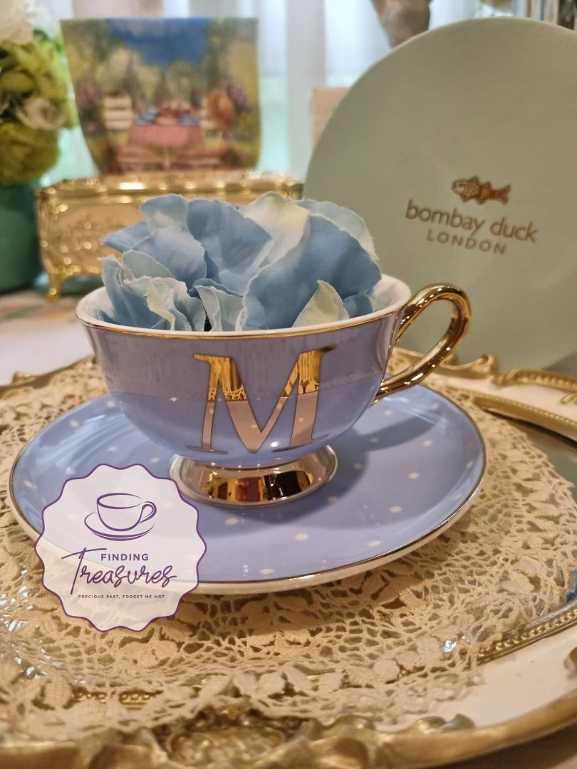 Blue Spotty Teacup and Saucer With Alphabet M Boxed - Bombay Duck ...