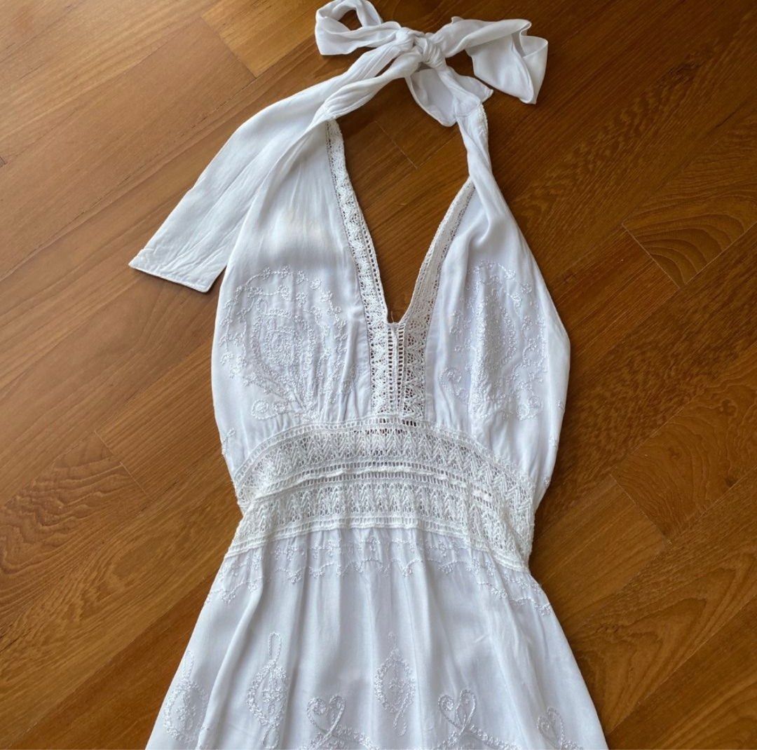 Bohemian Vintage White Halter Neck Ruched Back Embroidered Summer Dress ...