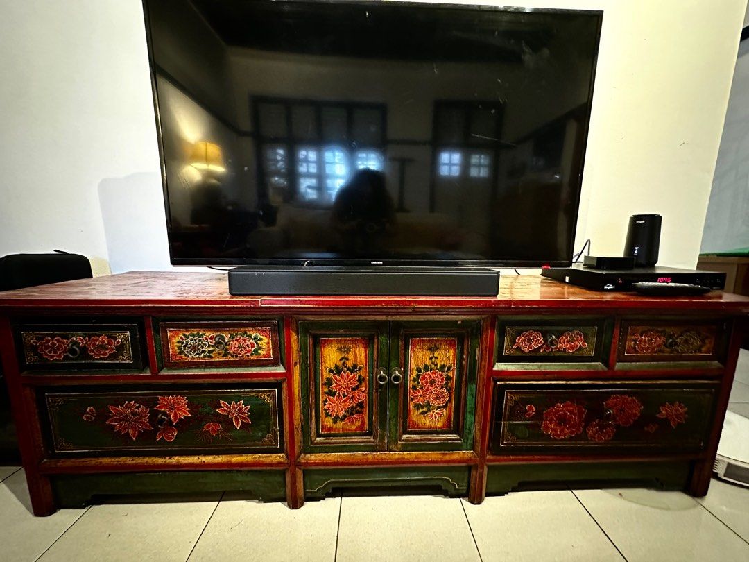 Chinese Oriental Elm wood hand painted TV console cabinet, Furniture ...