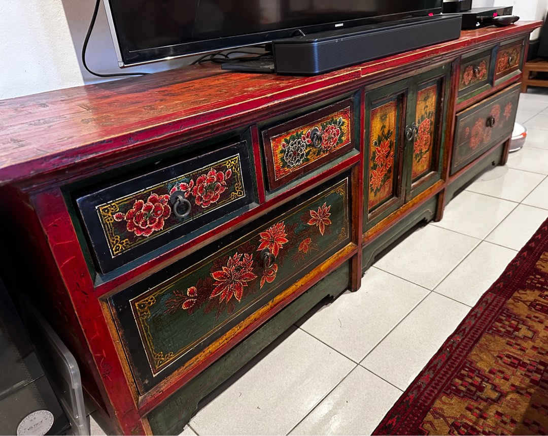 Chinese Oriental Elm wood hand painted TV console cabinet, Furniture ...