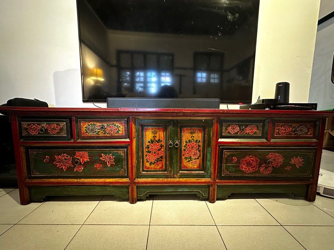 Chinese Oriental Elm wood hand painted TV console cabinet, Furniture ...