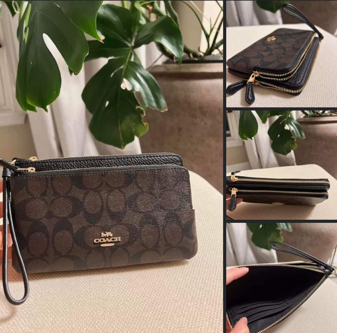 Coach New Design Signature Leather Double Zip Wallet Wristlet, Women's ...