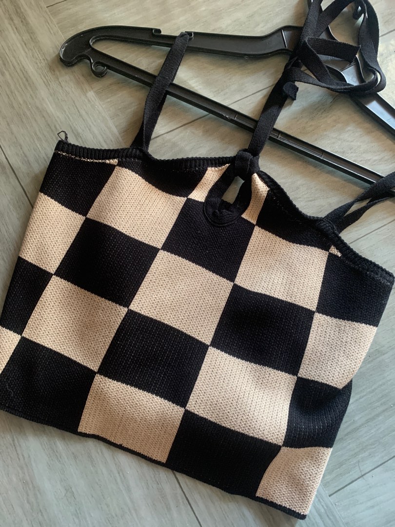 LOVITO KNITTED CHECKERBOARD 2 way top, Women's Fashion, Tops ...
