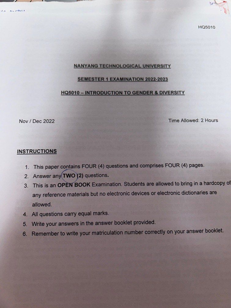 NTU HQ5010 2022-2023 Sem 1 Exam Paper, Everything Else on Carousell