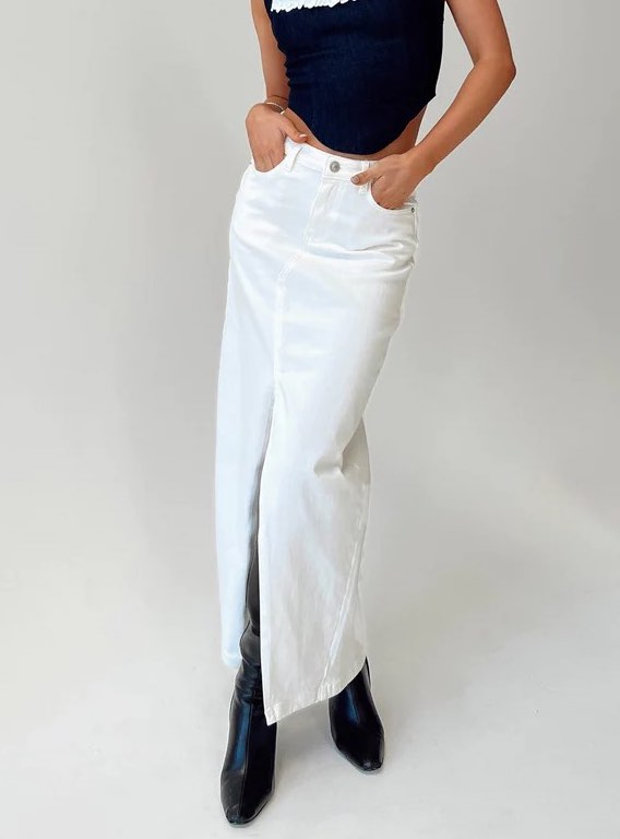 princess polly Batkins Cream Denim Maxi Skirt, Women's Fashion, Bottoms ...