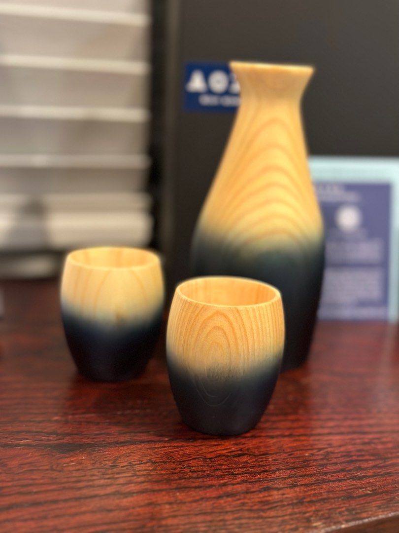 Sake Carafe and sake cups, 100-year old hinoki wood and dyed indigo ...