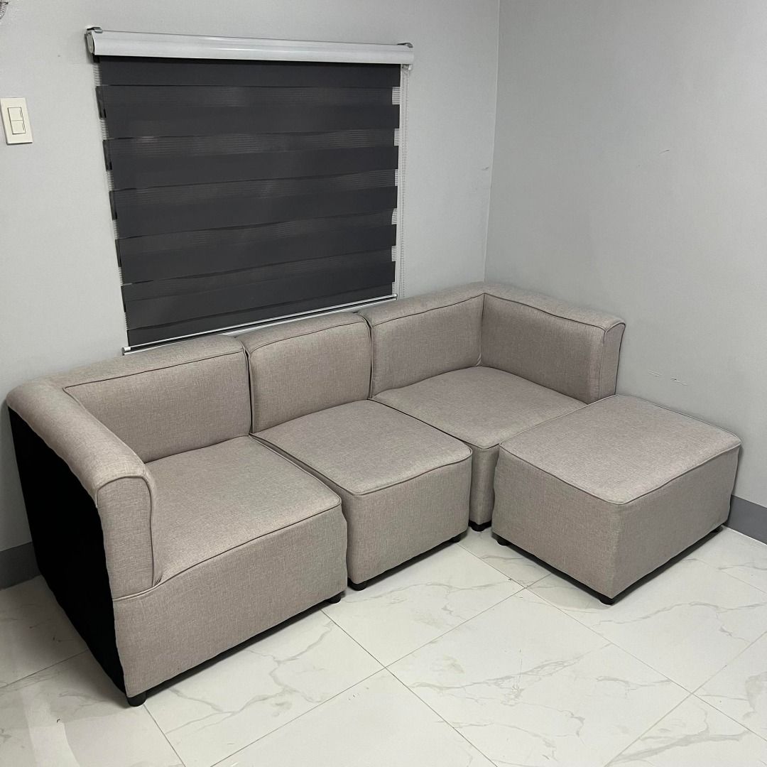 Sala set L shaped light grey fabric sofa with wood table Uratex foam ...