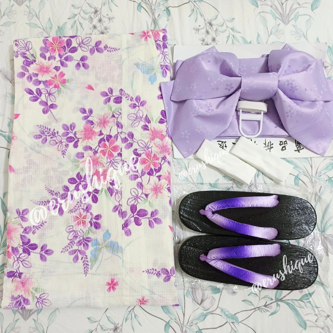 Yukata Full Set (Cream/Purple) Japanese Traditional Clothing Costume ...