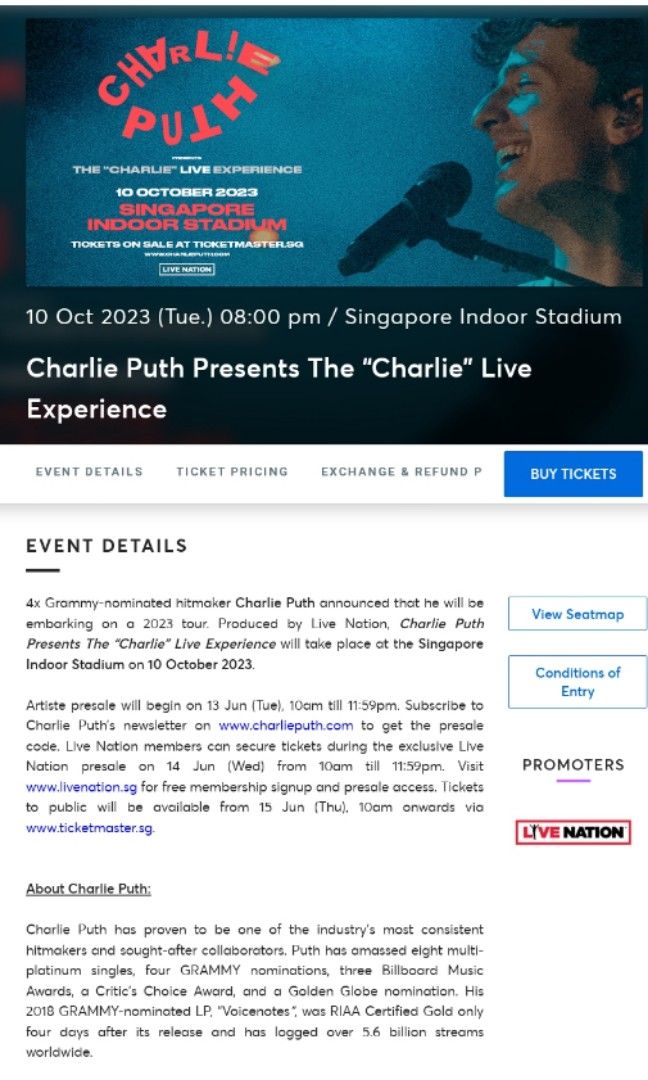 CHARLIE PUTH 10 Oct [Seats 1&2 Cat 6], Tickets & Vouchers, Event ...
