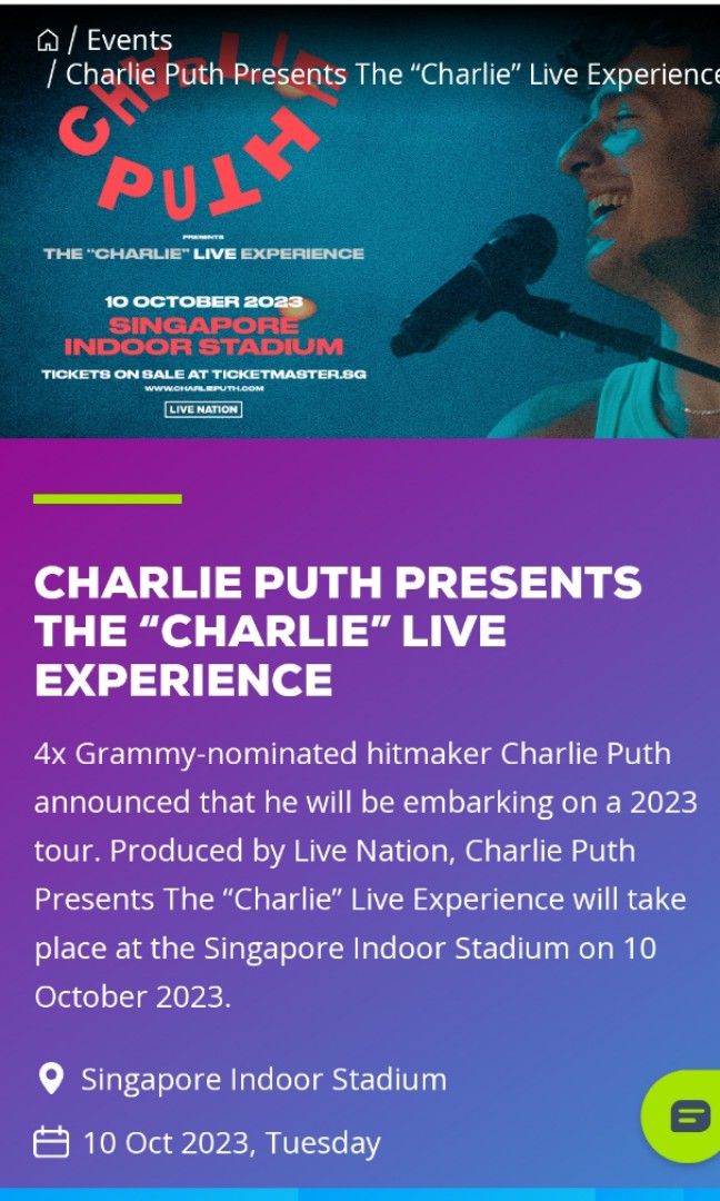 CHARLIE PUTH 10 Oct [Seats 1&2 Cat 6], Tickets & Vouchers, Event ...