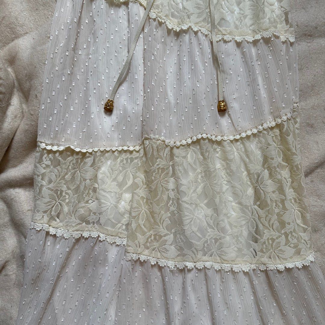 cream layered maxi dress w/ under-bust ties (coquette/cottagecore, liz ...