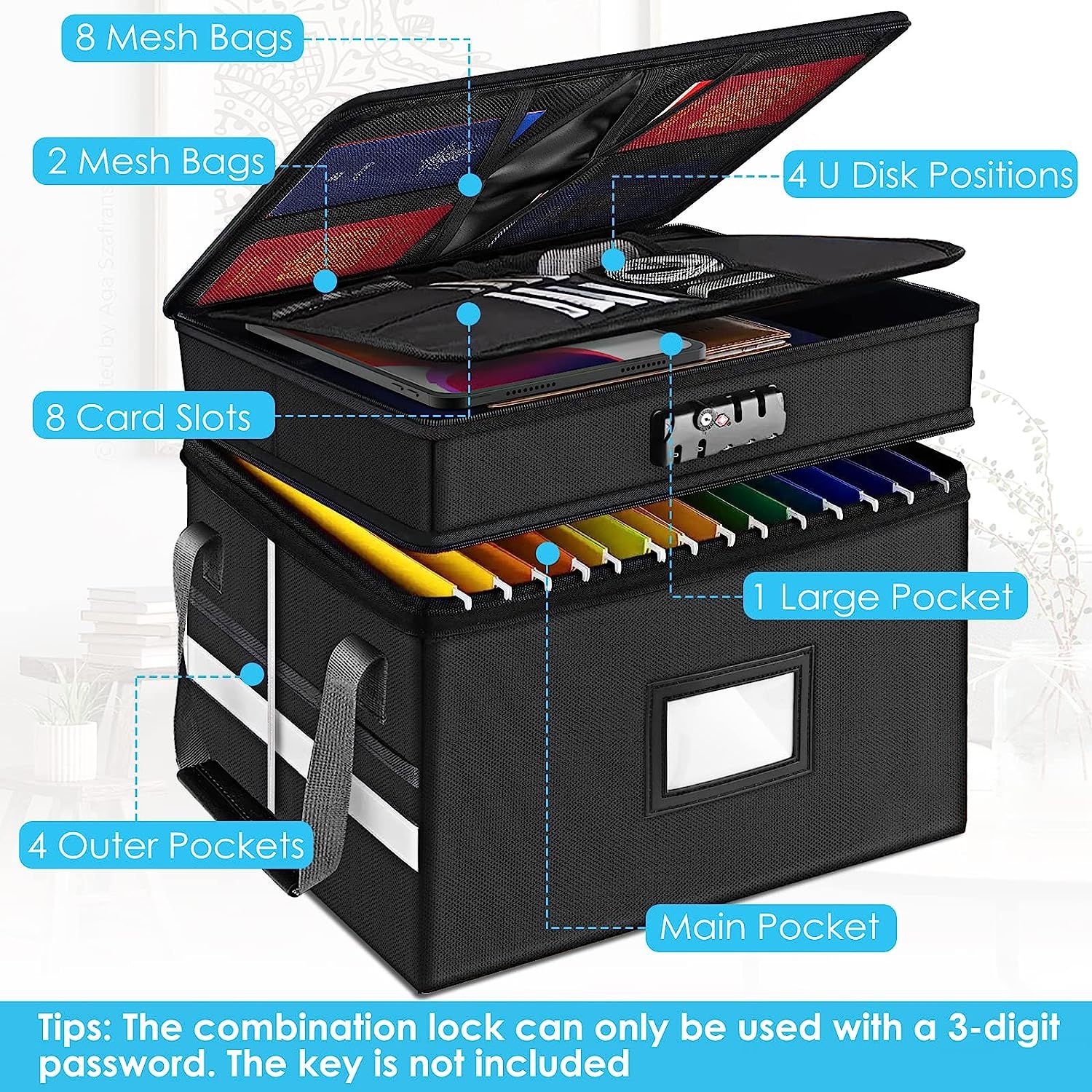 Fireproof Document Box with Lock, File Organizer 2-Layer Collapsible ...