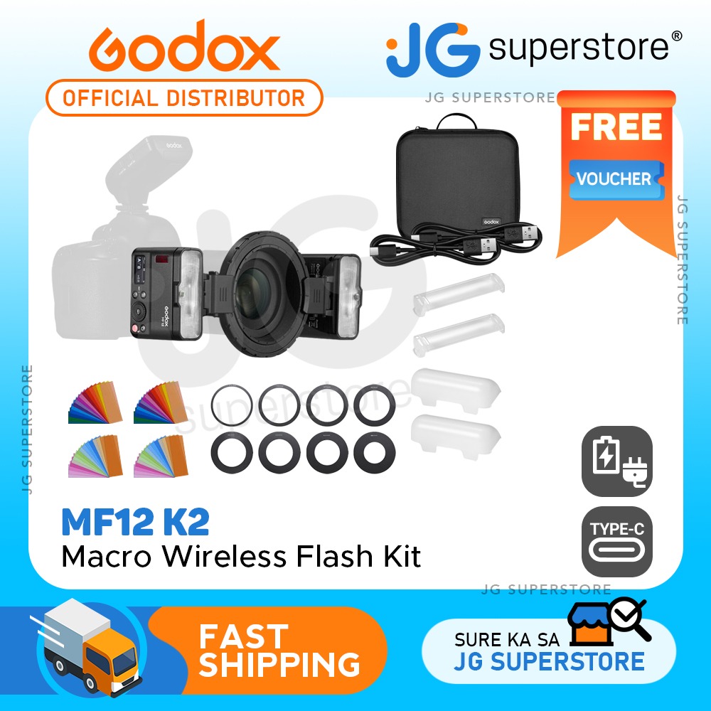 Godox MF12 Macro Flash 2-Light with Adapter Rings and Mounting Ring Kit ...