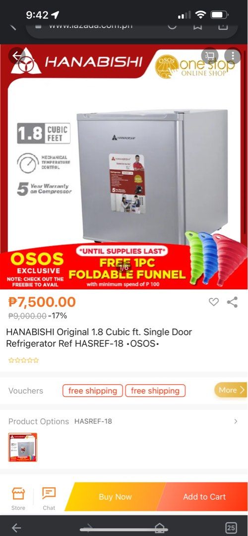 Hanabishi Refrigerator 1.8 Cubic Ft Single door, TV & Home Appliances ...