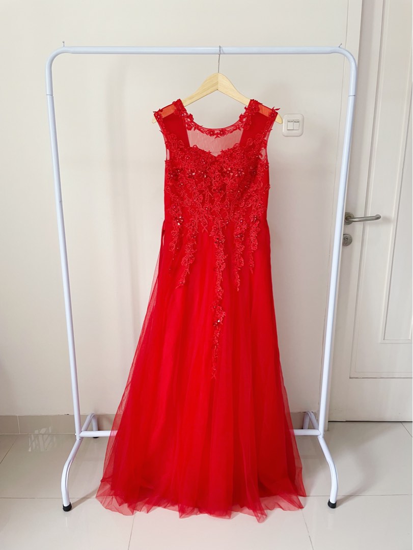 Longdress/gaun pesta warna merah, Fesyen Wanita, Pakaian Wanita, Gaun ...