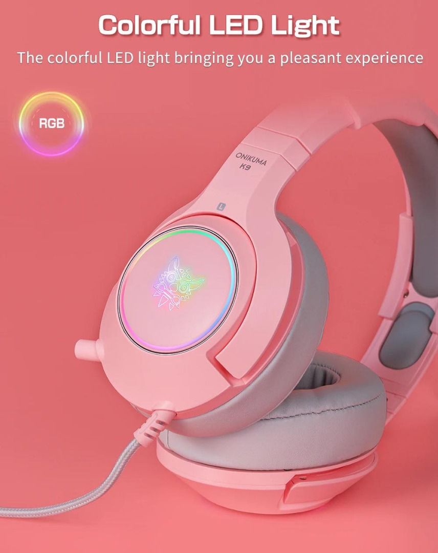 ONIKUMA K9 Pink Cat Ear Headphones with RGB LED Light Flexible Mic ...