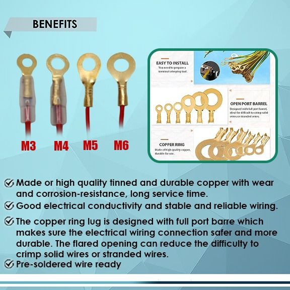 O-TYPE COPPER TERMINAL CONNECTOR KIT GOLD (1-PC per ORDER), M3 M4 M5 M6 ...