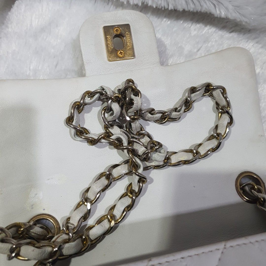 Tas sling rantai kulit asli model Chanel Classic Putih Vintage, Barang ...