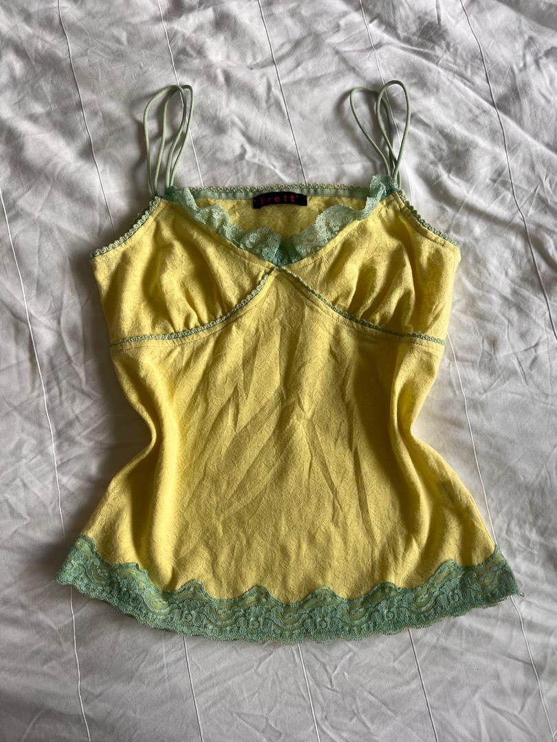 vintage y2k cottagecore lace trimmed yellow green cami, Women's Fashion ...