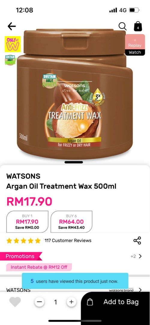 Watson argon oil treatment wax, Beauty & Personal Care, Hair on Carousell