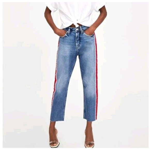 Zara TRF Red Stripe Mom Jeans on Carousell