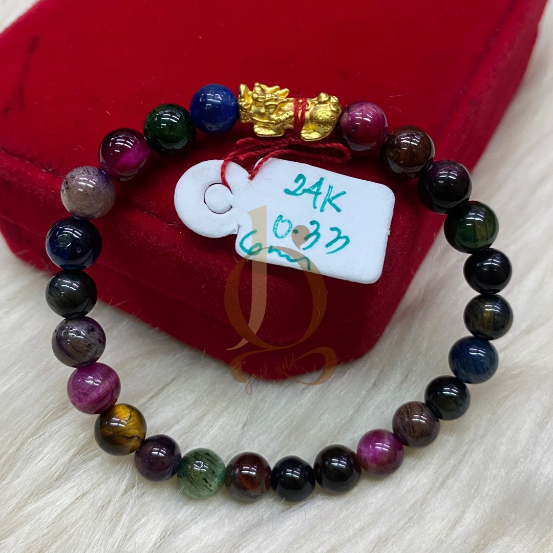 24k Hong Kong Gold Piyao Bracelet 0.33g (6mm Assorted Tiger Eye), Women ...