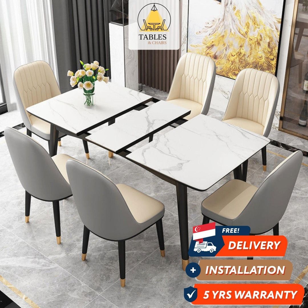 A36 Extendable Sintered Marble Dining Table & Chairs Set | 1.2-1.5m | Rectangular Nordic Stone ...