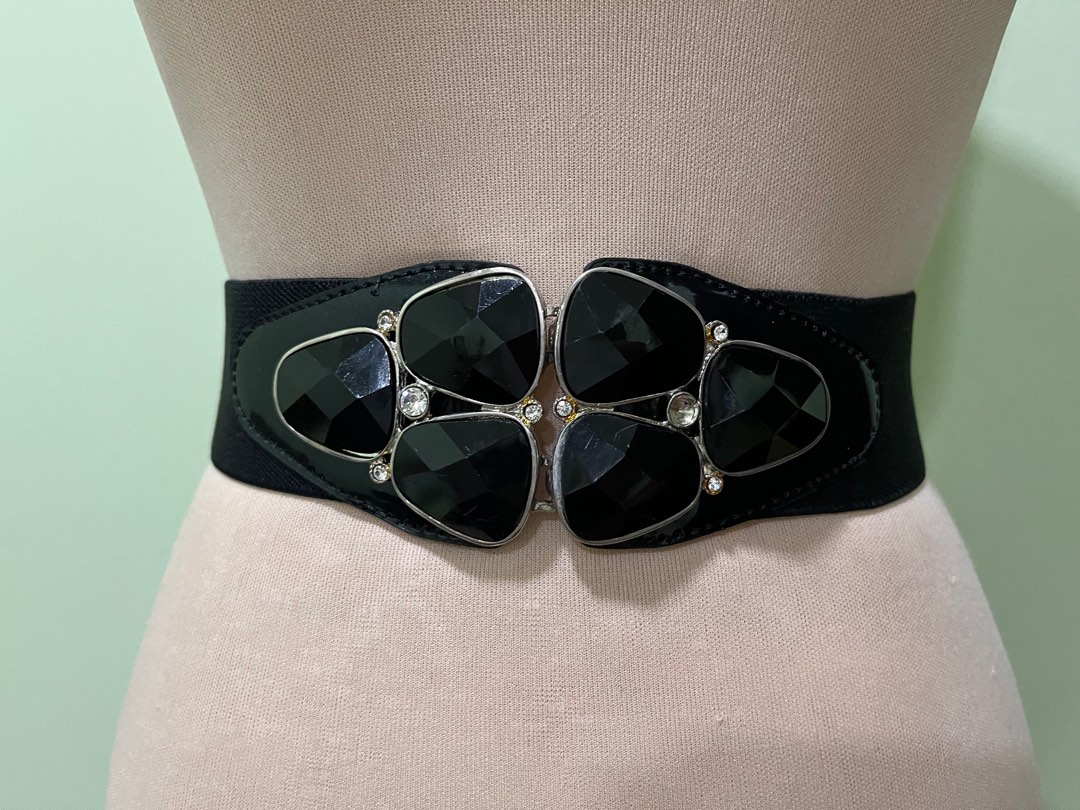 Black Bejeweled Elastic Clasp Belt on Carousell