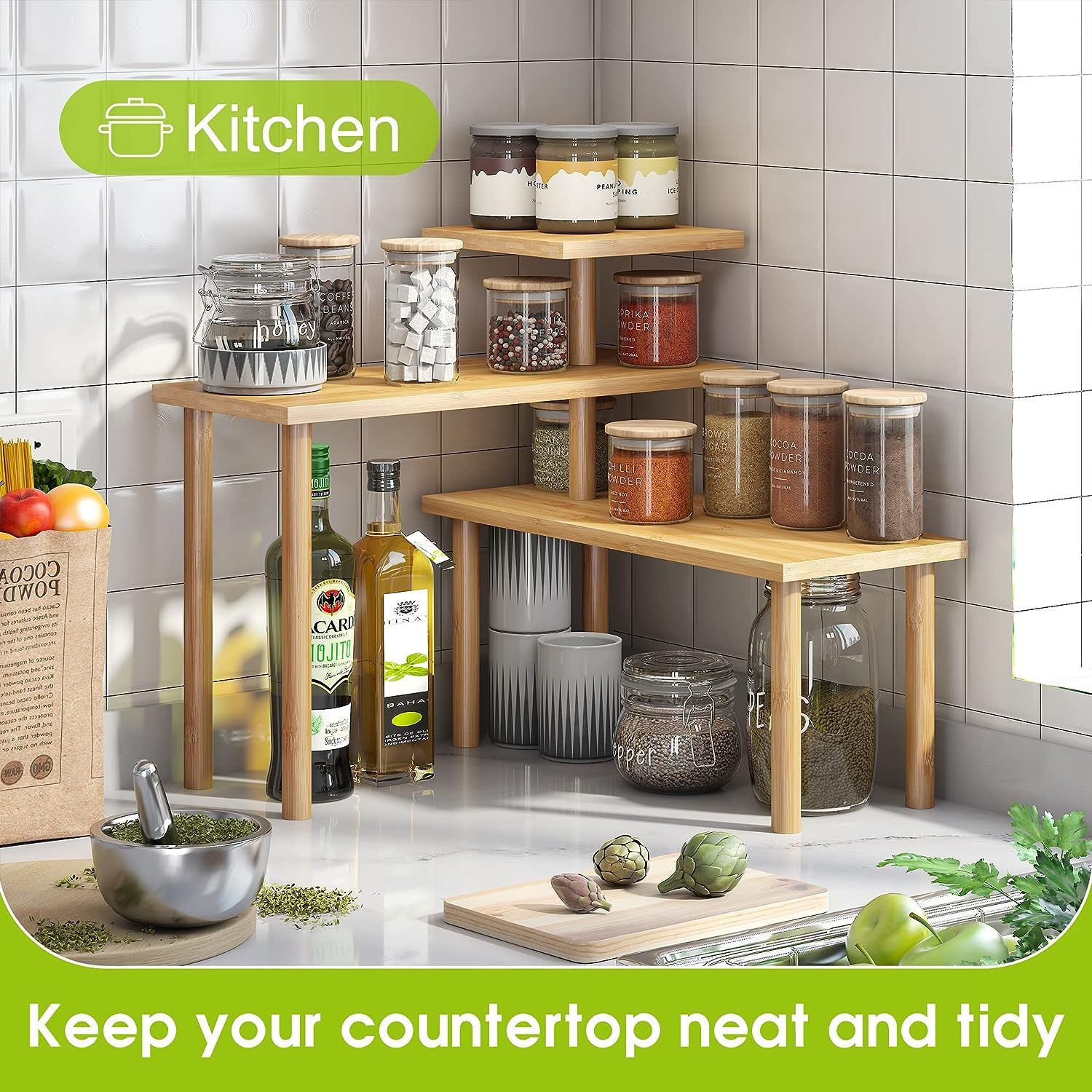BMOSU Kitchen Corner Shelf Countertop Organizer Adjustable Spice Rack ...
