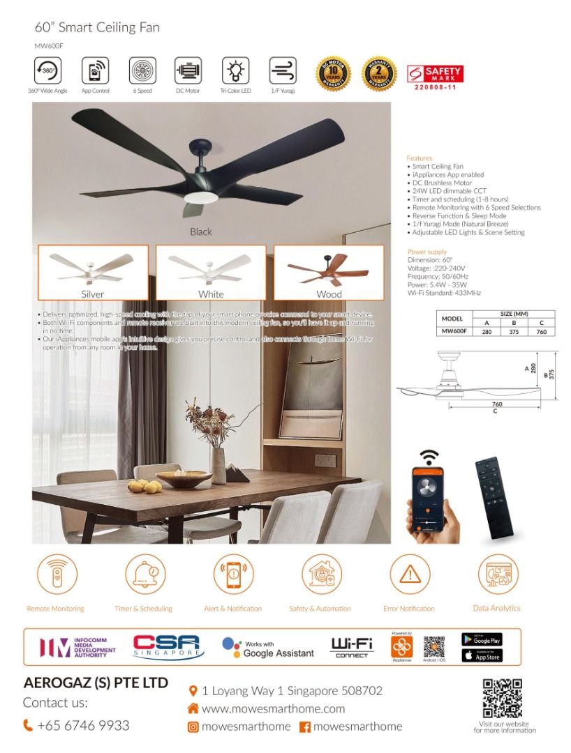 Dc Smart ceiling fan // Mowe mw600F, Furniture & Home Living, Lighting ...