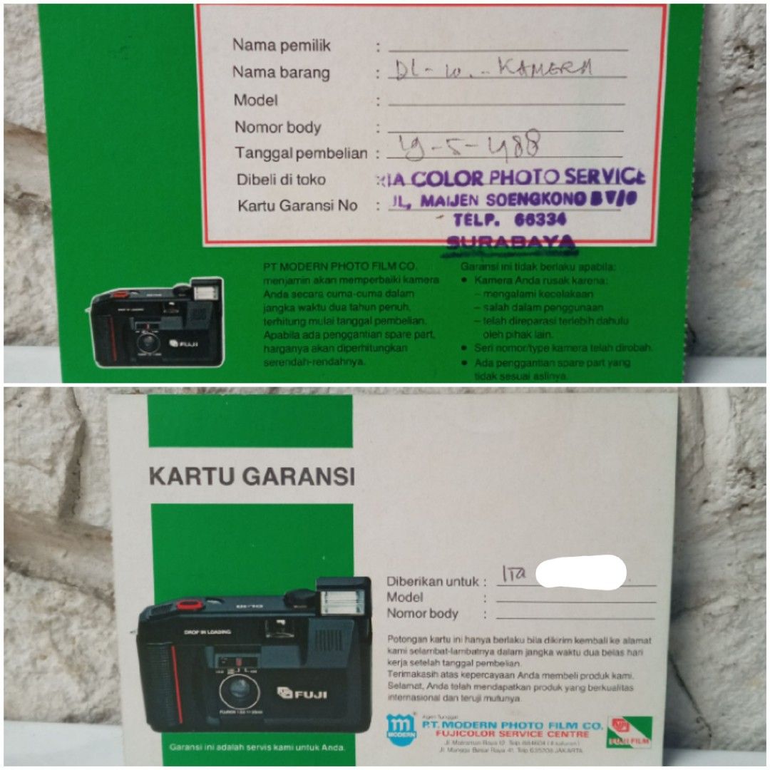 Panduan Manual, Kwitansi & Kartu Garansi Th 88 Kamera Fuji DL-10 on Carousell