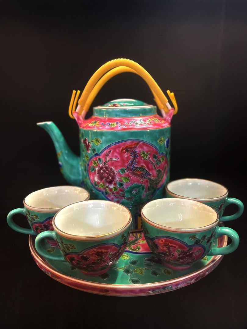 Peranakan Cylinder Teapot Set ( 6 PCs ), Furniture & Home Living ...
