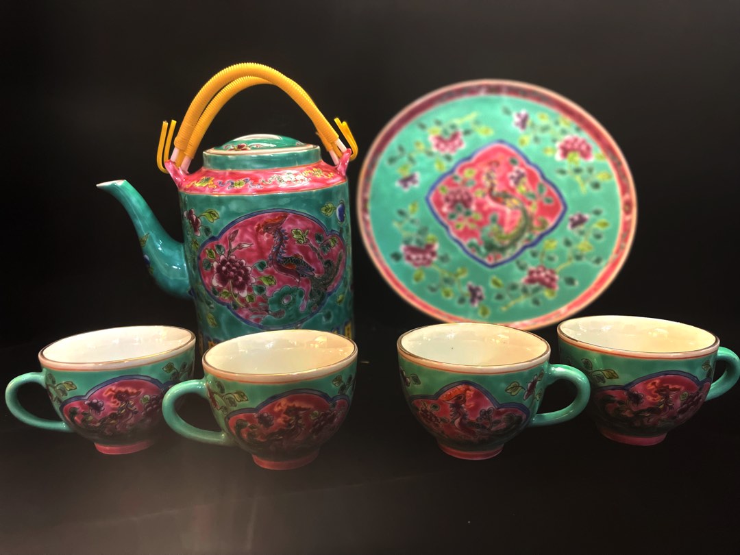 Peranakan Cylinder Teapot Set ( 6 PCs ), Furniture & Home Living ...
