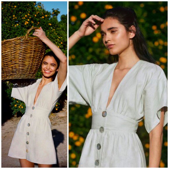 Reformation linen dress with kimono sleeves in oatmeal, Women's Fashion ...