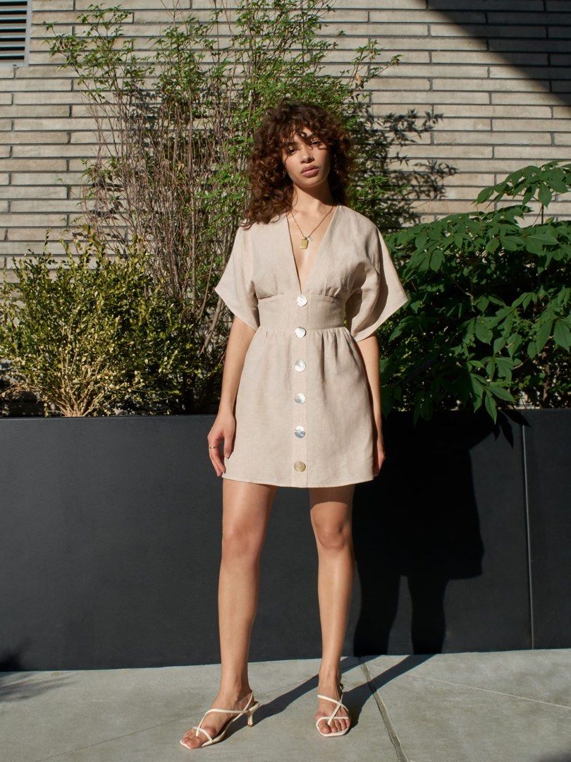 Reformation linen dress with kimono sleeves in oatmeal, Women's Fashion ...