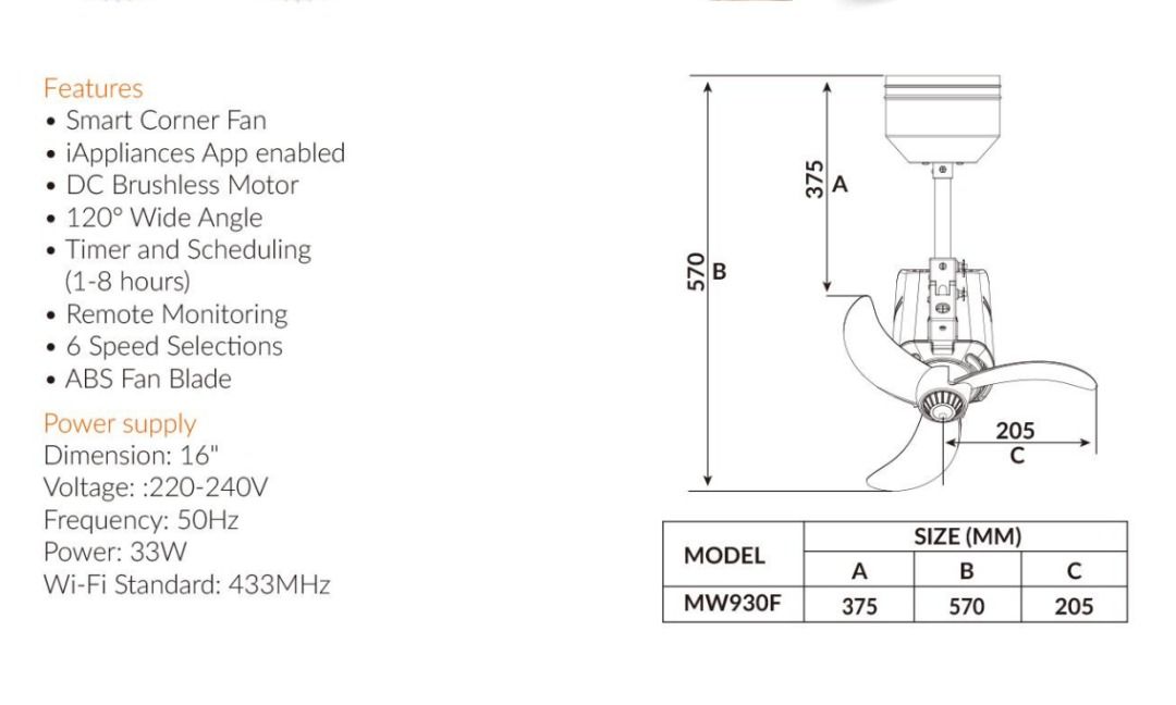 Smart Dc ceiling Fan // Corner fan dc motor Mowe MW930F, Furniture ...