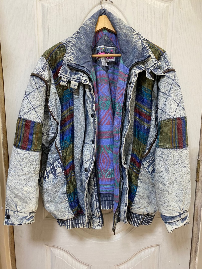 Vintage Acid Washed Denim Rainbow West Bomber Jacket, Men's Fashion ...