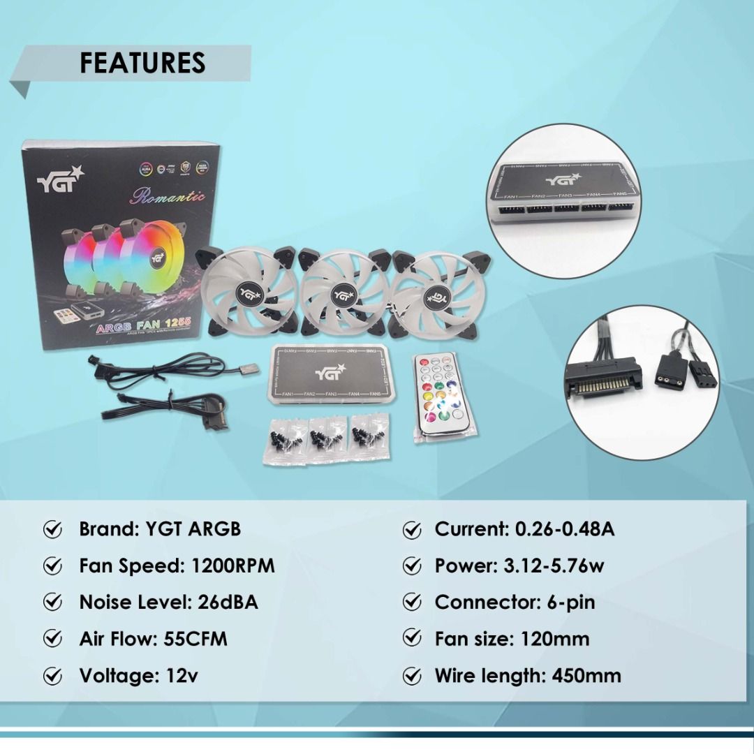 YGT ROMANTIC ARGB FAN 1255, 6-PIN 3-IN-ONE FAN with REMOTE CONTROLLER ...
