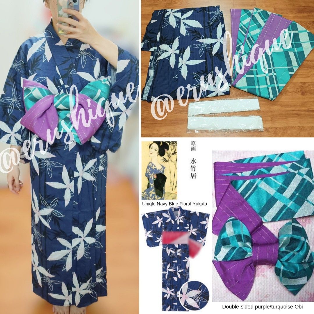Yukata Set (Navy Blue) Uniqlo Yukata and Double-sided Reversible Obi (Purple/Turquoise) Japanese ...