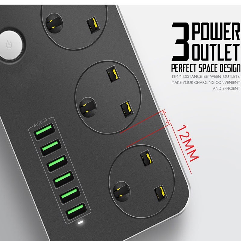2500W Power Strips with 3.4A 6 USB ports + 3 Power Socket Charger UK ...