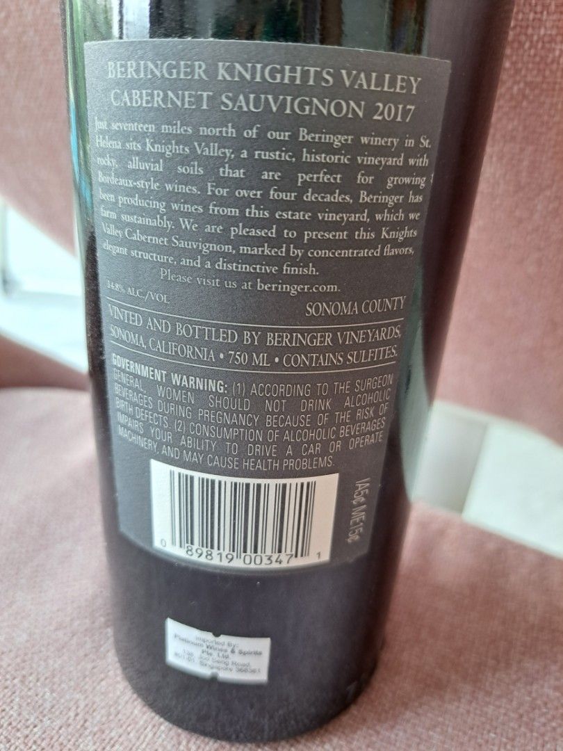 Beringer Knights Valley, Cabernet Sauvignon 2017, Food & Drinks ...